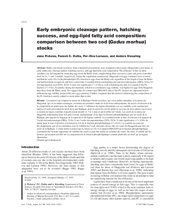 (PDF) Early embryonic cleavage pattern, hatching success, and egg-lipid ...