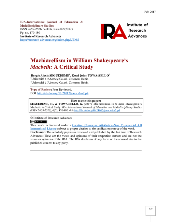 (PDF) Machiavellism in William Shakespeare’s Macbeth: A Critical Study