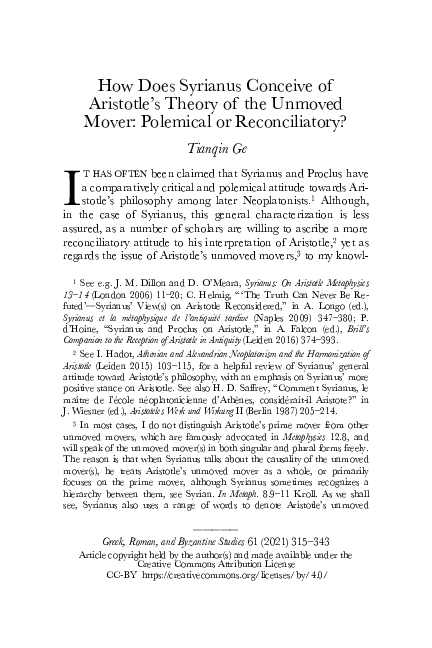 (PDF) How Does Syrianus Conceive of Aristotle's Theory of the Unmoved Mover