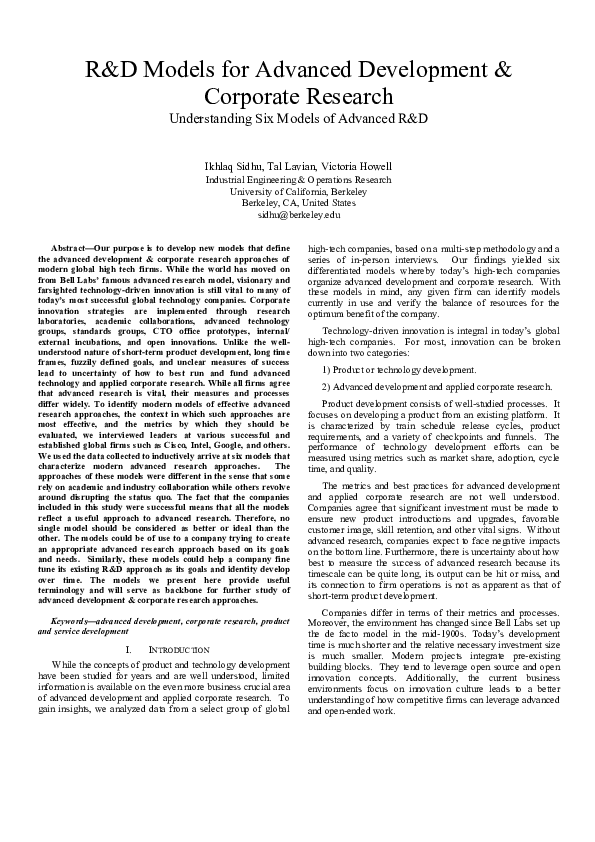 (PDF) R&D Models for Advanced Development & Corporate Research ...
