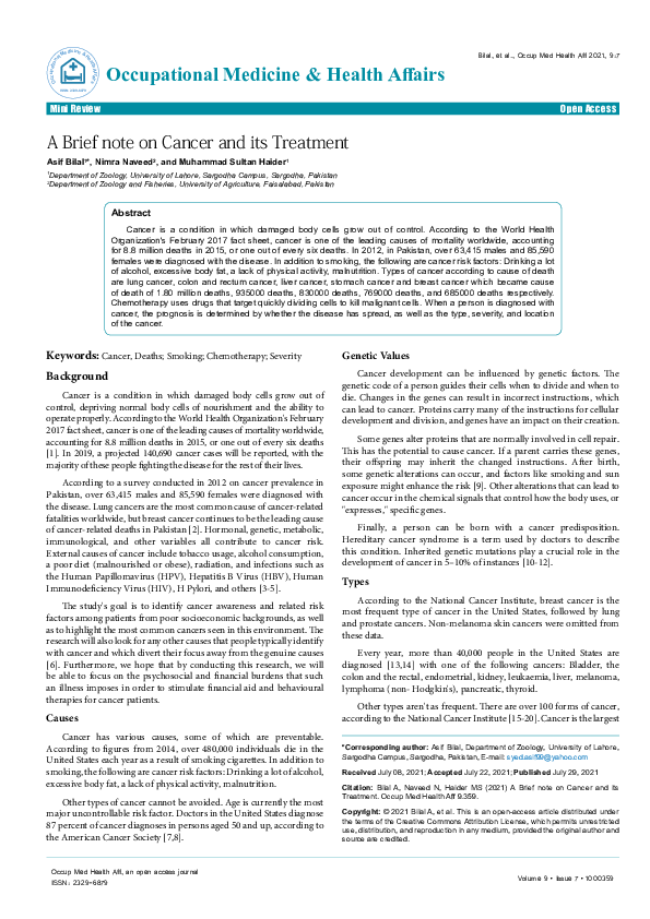 (PDF) A brief note on Cancer and its Treatment