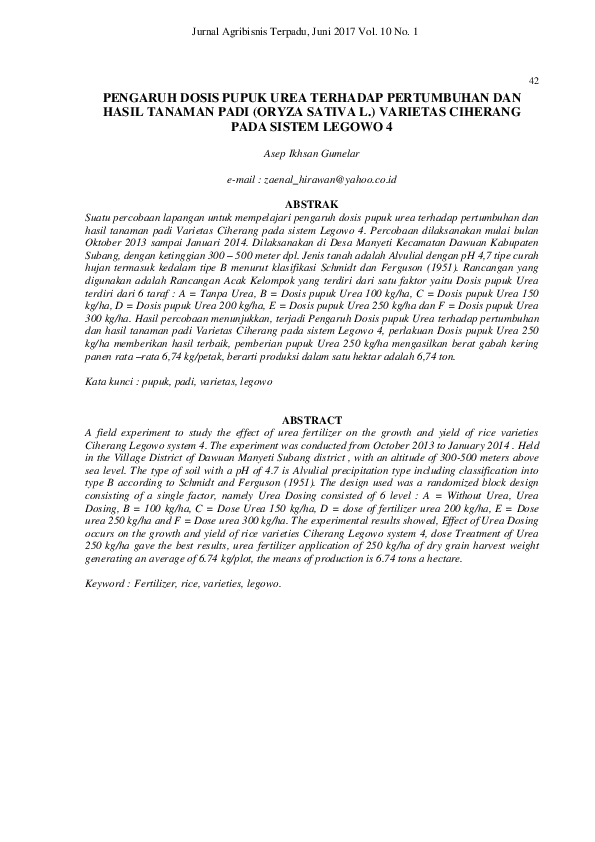 (PDF) Pengaruh Dosis Pupuk Urea Terhadap Pertumbuhan Dan Hasil Tanaman Padi (Oryza Sativa L ...