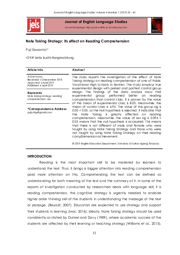 (PDF) Note Taking Strategy: Its effect on Reading Comprehension
