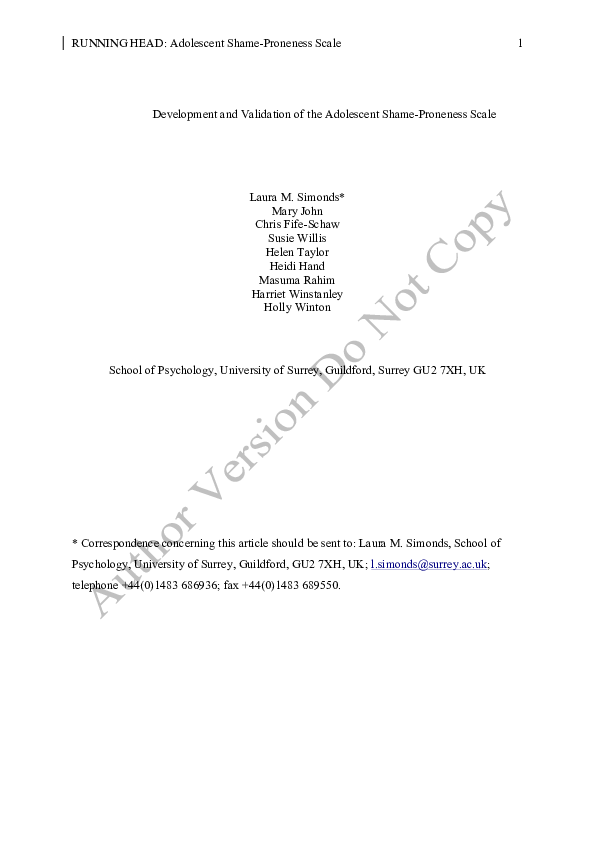 Pdf Development And Validation Of The Adolescent Shame Proneness Scale