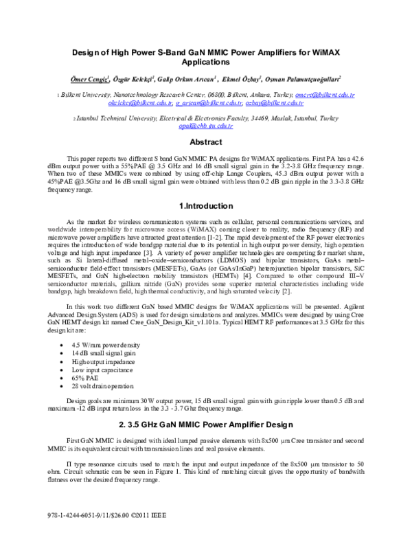 (PDF) Design of high power S-band GaN MMIC power amplifiers for WiMAX applications | Orkun ...