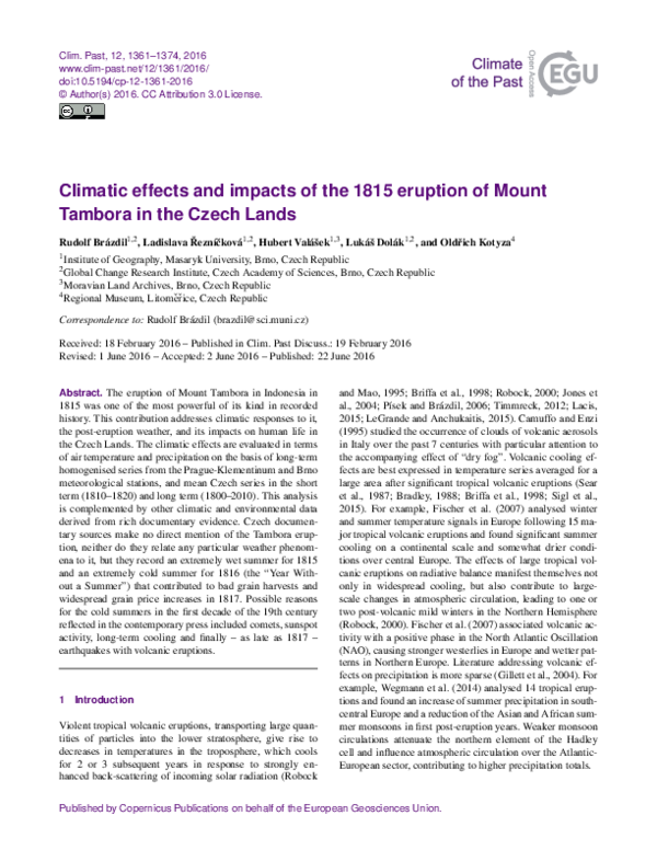 (PDF) Climatic effects and impacts of the 1815 eruption of Mount ...