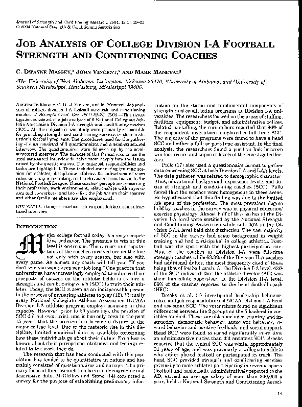 (PDF) Job analysis of college Division IA football strength and ...