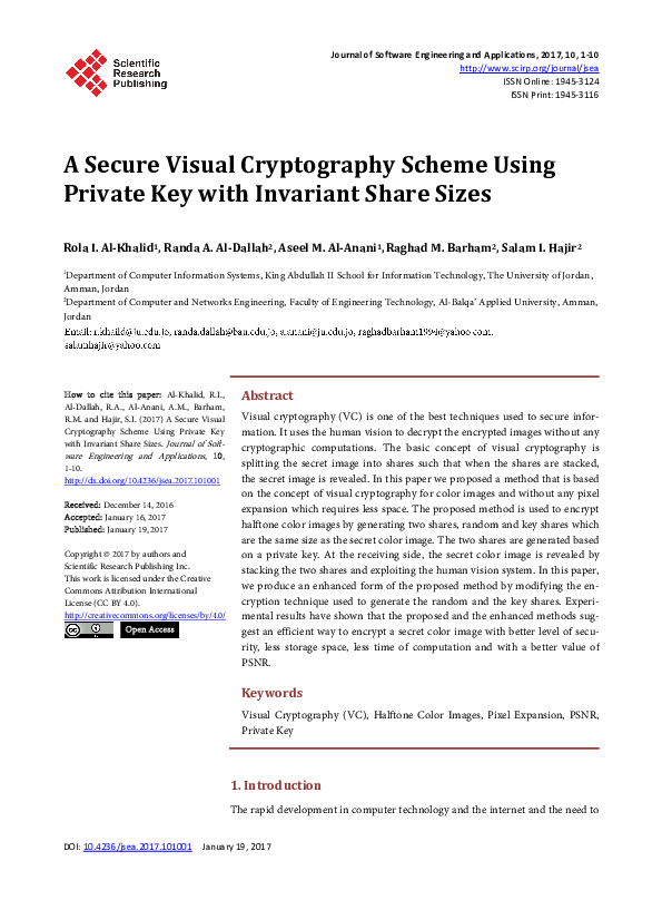 Pdf A Secure Visual Cryptography Scheme Using Private Key With Invariant Share Sizes