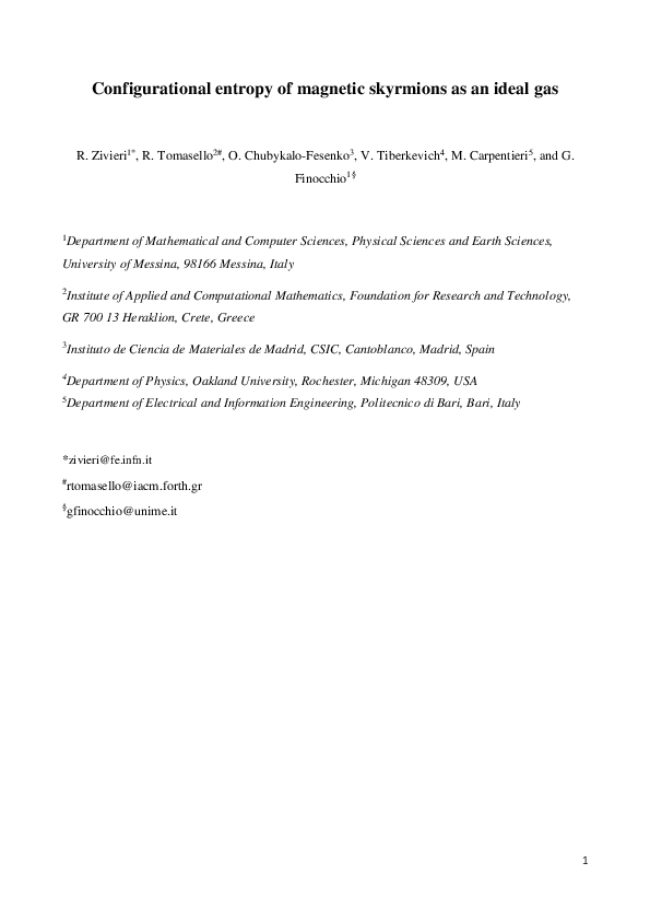 (PDF) Configurational entropy of magnetic skyrmions as an ideal gas