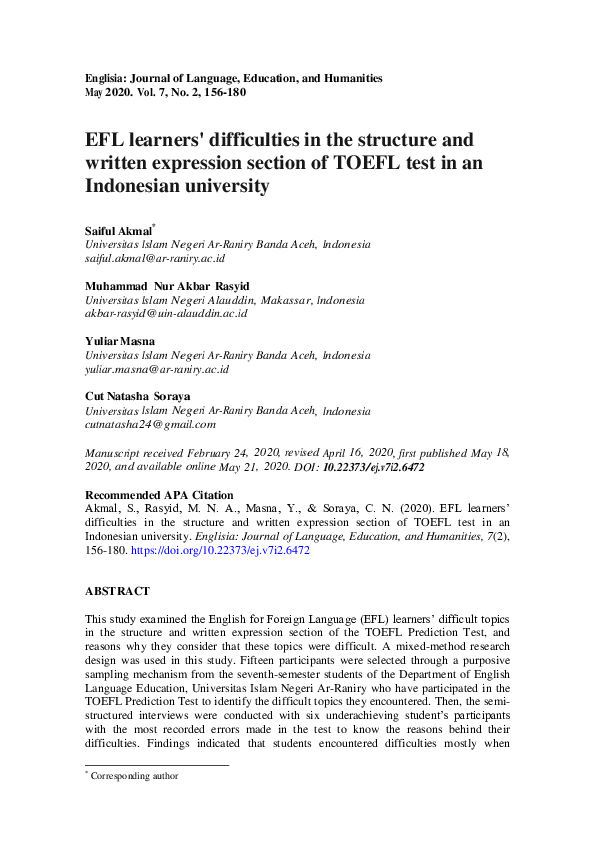 (PDF) Efl Learners' Difficulties in the Structure and Written ...