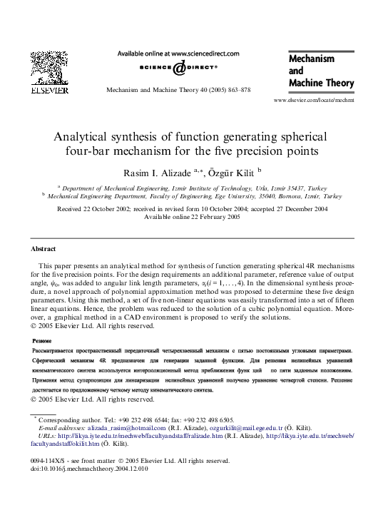 (PDF) Analytical synthesis of function generating spherical four-bar mechanism for the five ...