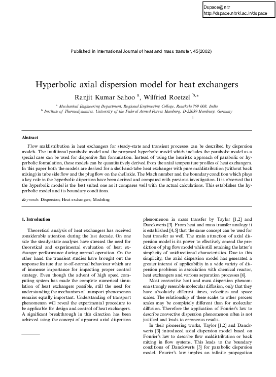 (PDF) Hyperbolic axial dispersion model for heat exchangers