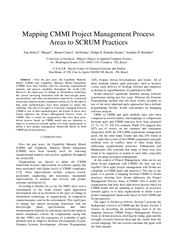 (PDF) Mapping cmmi project management process areas to scrum practices