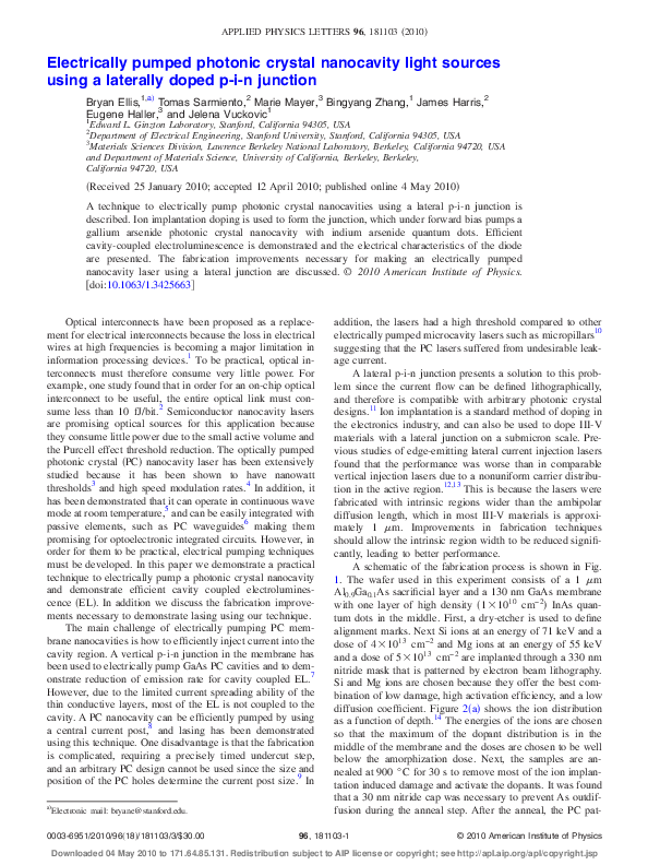 (PDF) Electrically pumped photonic crystal nanocavity light sources using a laterally doped pin ...