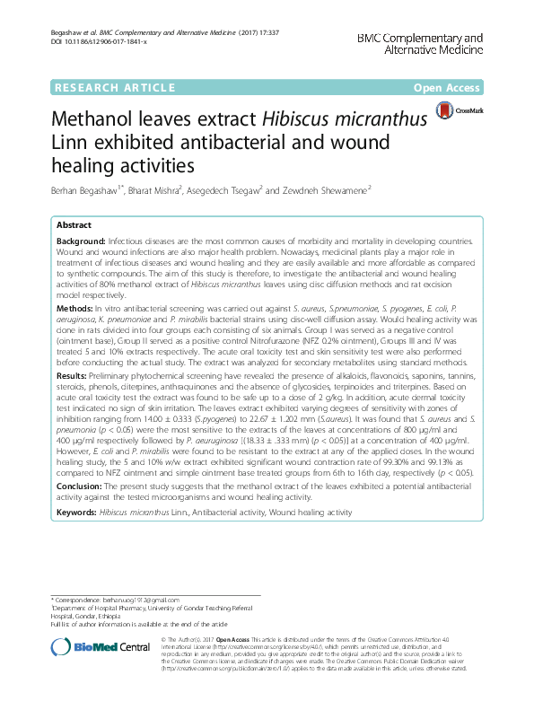 (PDF) Methanol leaves extract Hibiscus micranthus Linn exhibited ...