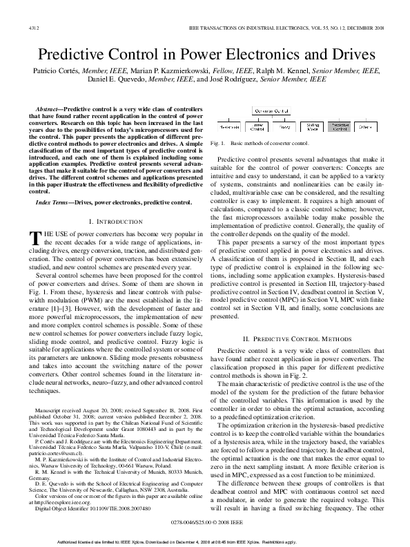 (PDF) Predictive control in power electronics and drives