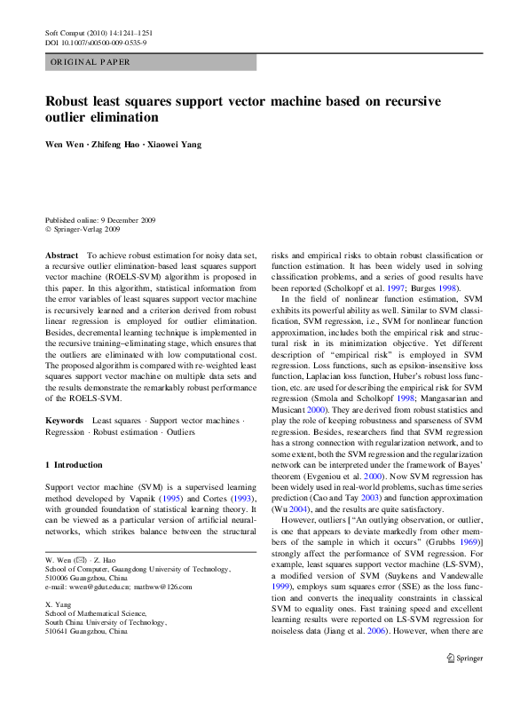 Pdf Robust Least Squares Support Vector Machine Based On Recursive Outlier Elimination