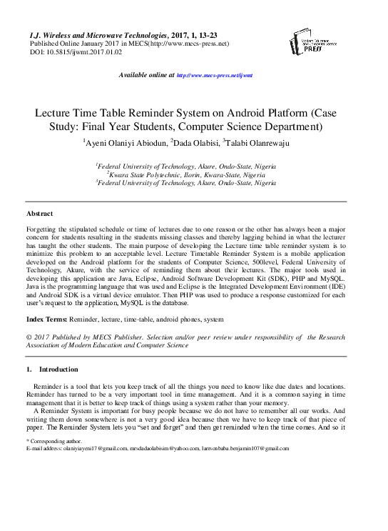 (PDF) Lecture Time Table Reminder System on Android Platform (Case Study: Final Year Students ...