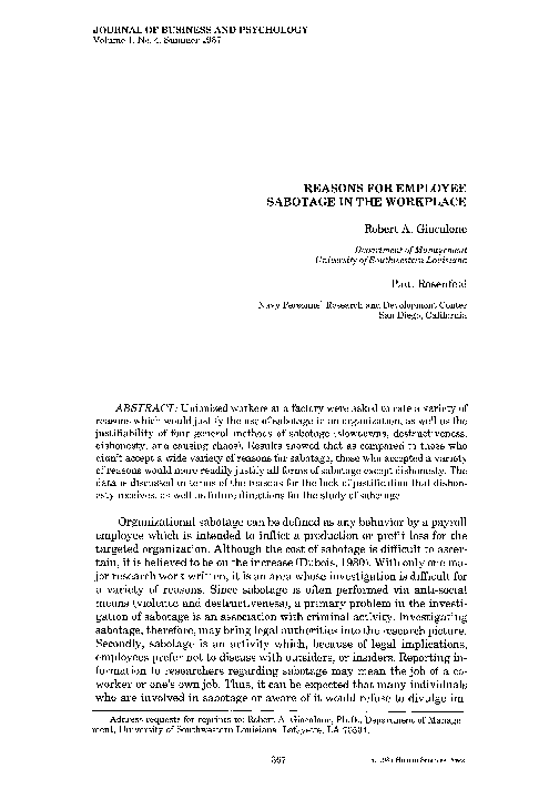 (PDF) Reasons for employee sabotage in the workplace