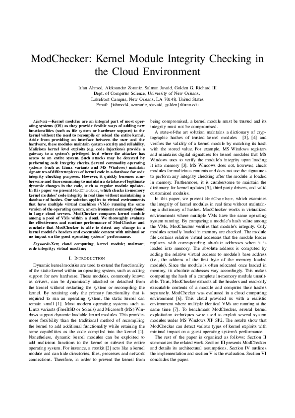 (PDF) ModChecker: Kernel Module Integrity Checking in the Cloud Environment
