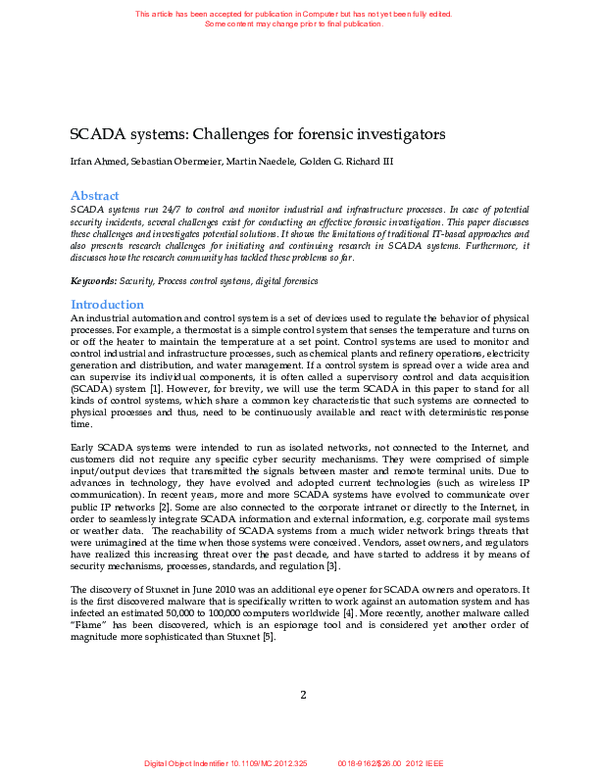 (PDF) SCADA Systems: Challenges for Forensic Investigators
