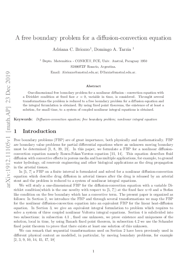(PDF) A free boundary problem for a diffusion–convection equation