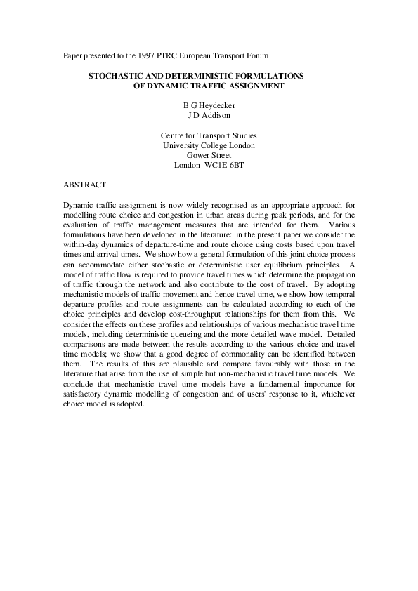 (PDF) Stochastic and deterministic formulations of dynamic traffic assignment