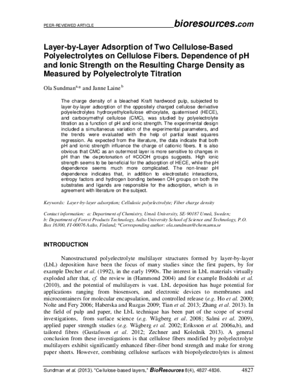 Pdf Layer By Layer Adsorption Of Two Cellulose Based Polyelectrolytes On Cellulose Fibers