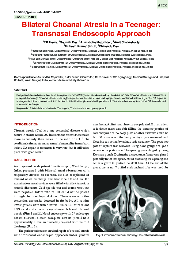 (PDF) Bilateral Choanal Atresia in a Teenager: Transnasal Endoscopic ...
