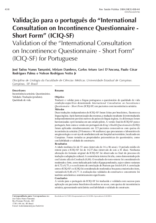 (PDF) Validation of the" International Consultation on Incontinence ...