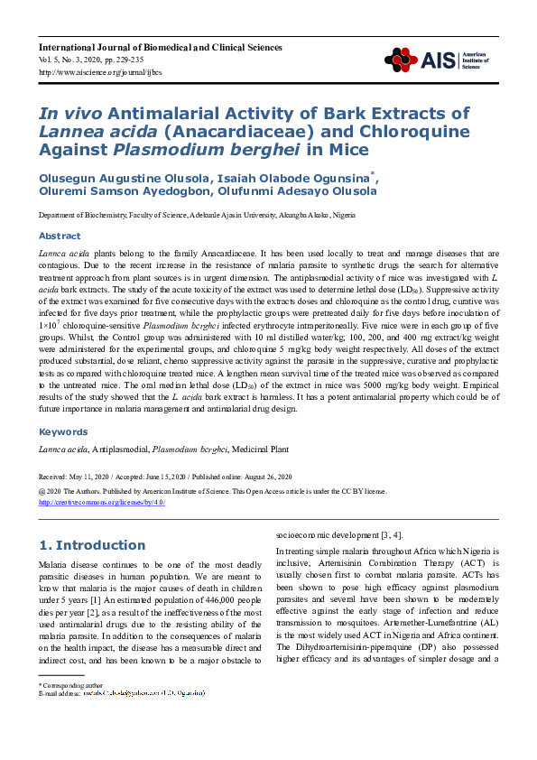 (PDF) In vivo Antimalarial Activity of Bark Extracts of Lannea acida ...