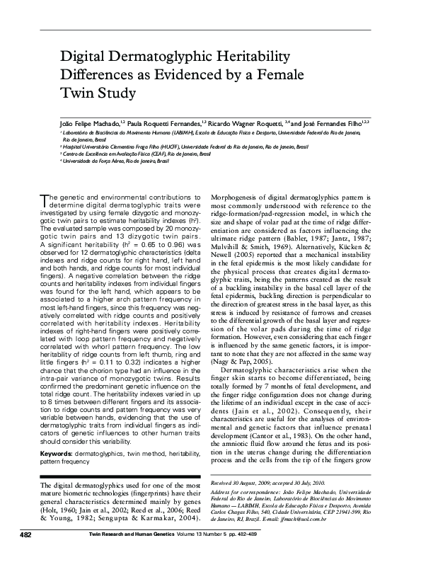 (PDF) Digital Dermatoglyphic Heritability Differences as Evidenced by a ...