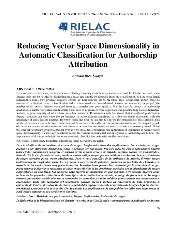(PDF) Reducing Vector Space Dimensionality in Automatic Classification for Authorship Attribution
