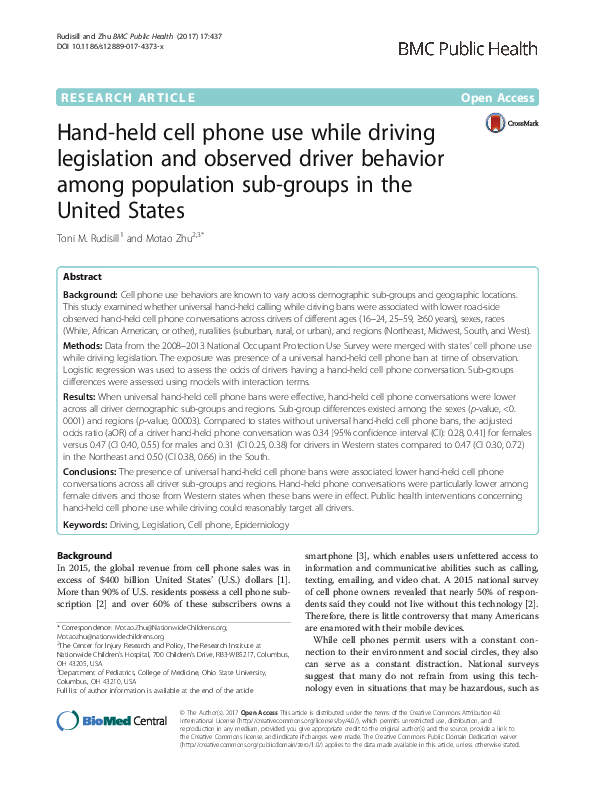 (PDF) Hand-held cell phone use while driving legislation and observed ...