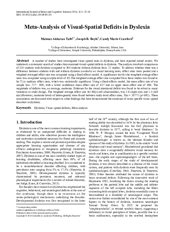 (PDF) Meta-Analysis of Visual-Spatial Deficits in Dyslexia