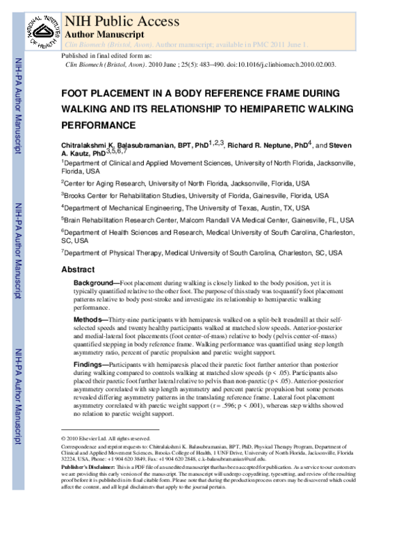 (PDF) Foot placement in a body reference frame during walking and its ...