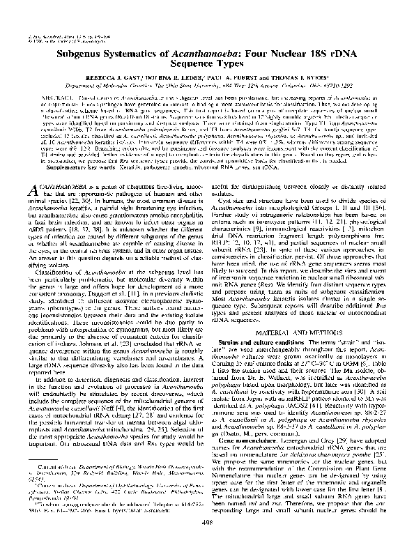(PDF) Subgenus Systematics of Acanthamoeba: Four Nuclear 18S rDNA Sequence Types | Paul Fuerst ...