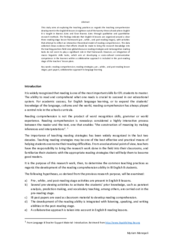 (PDF) Reading comprehension development in the IB English B lesson
