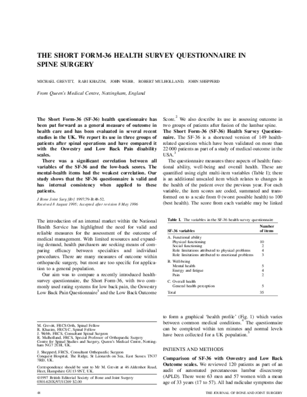 (PDF) The Short Form-36 Health Survey Questionnaire In Spine Surgery