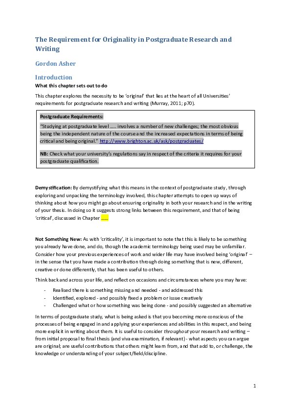 (DOC) The Requirement for Originality in Postgraduate Research and Writing