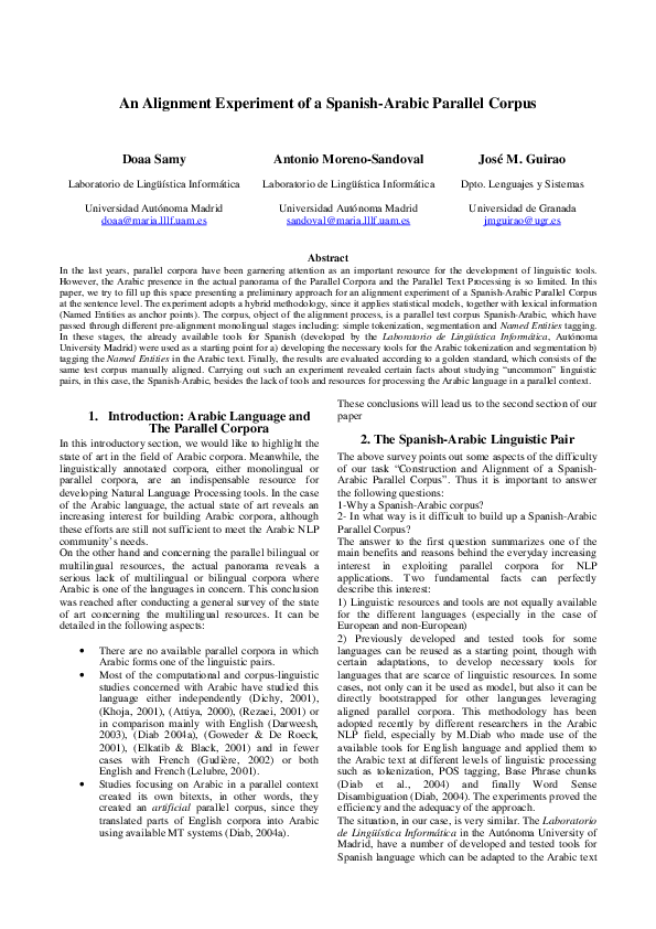 (PDF) An Alignment Experiment of a Spanish-Arabic Parallel Corpus