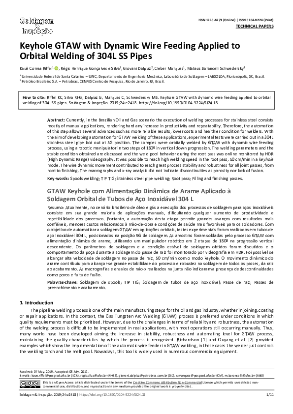 (PDF) Keyhole GTAW with Dynamic Wire Feeding Applied to Orbital Welding ...
