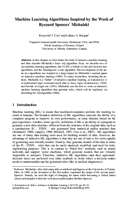 (PDF) Machine Learning Algorithms Inspired by the Work of Ryszard Spencer Michalski