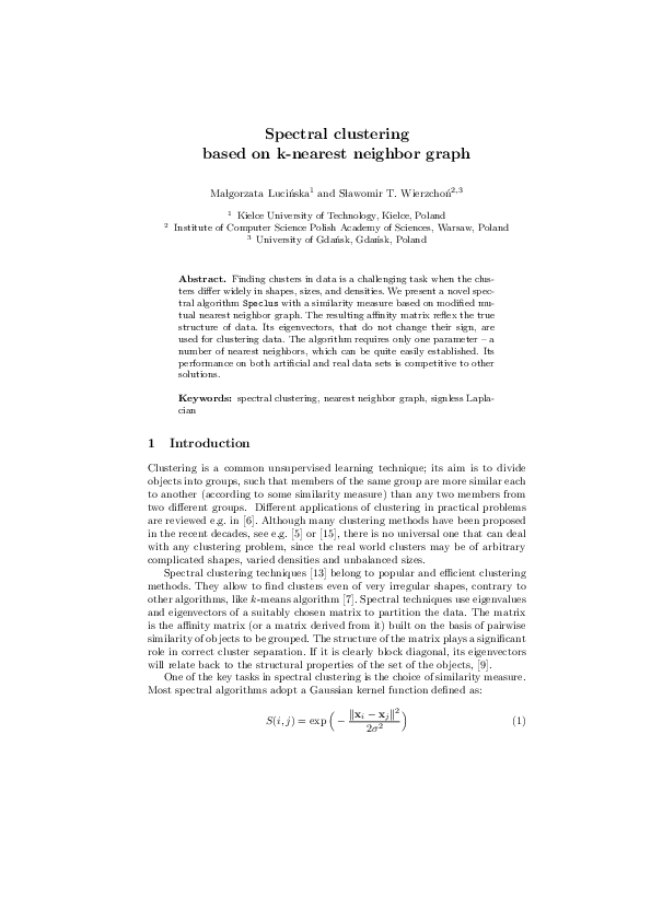 (PDF) Spectral Clustering Based on k-Nearest Neighbor Graph (PDF) Spectral Clustering Based on k-Nearest Neighbor Graph