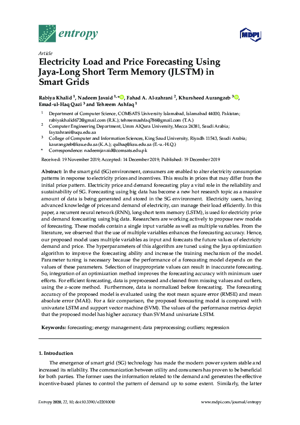 (PDF) Electricity Load and Price Forecasting Using Jaya-Long Short Term Memory (JLSTM) in Smart ...