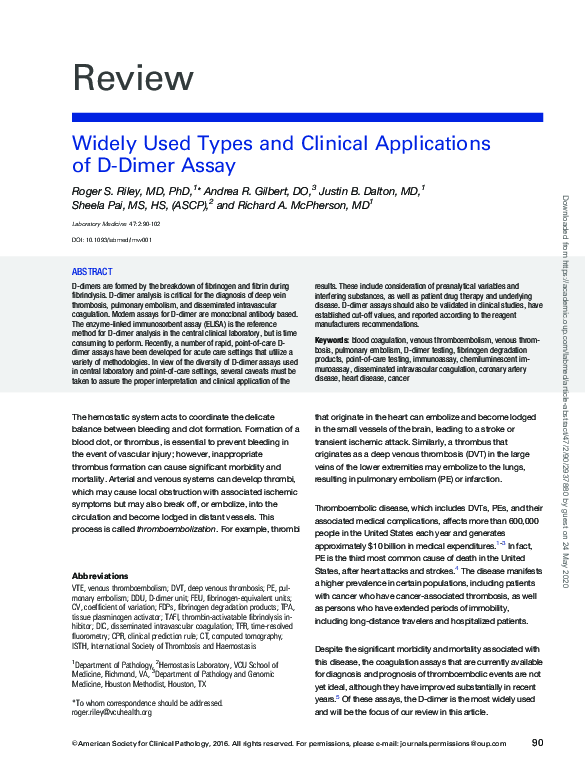 (PDF) Widely Used Types and Clinical Applications of D-Dimer Assay