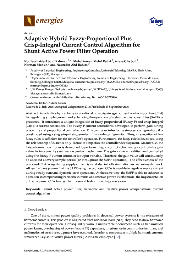 Pdf Adaptive Hybrid Fuzzy Proportional Plus Crisp Integral Current Control Algorithm For Shunt 3689