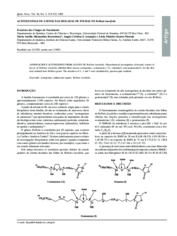 (PDF) Acetogeninas de anonáceas isoladas de folhas de Rollinia laurifolia