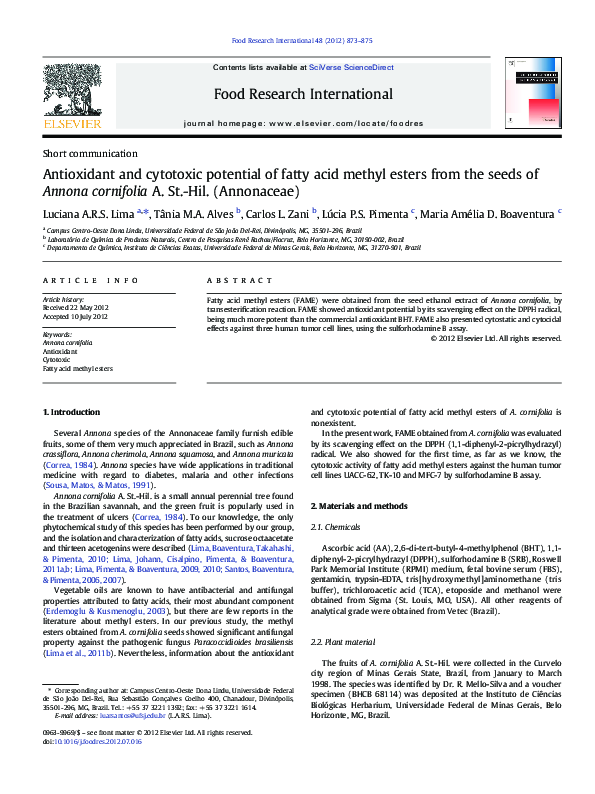 (PDF) Antioxidant and cytotoxic potential of fatty acid methyl esters from the seeds of Annona ...