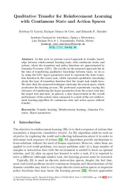 (PDF) Qualitative Transfer for Reinforcement Learning with Continuous State and Action Spaces